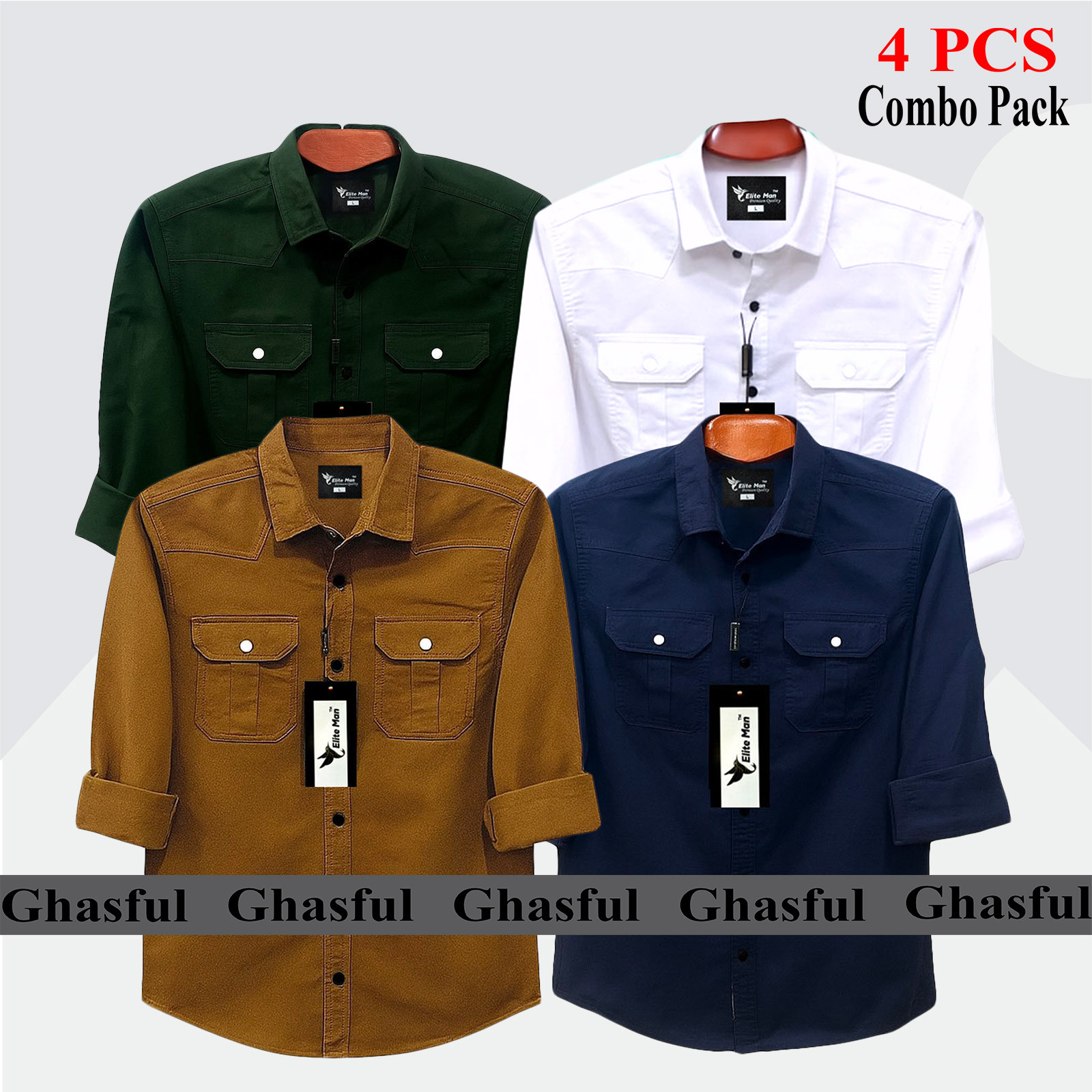 Premium Quality Double Pocket Shirt - White, Banson, Green & Nevy Blue ...